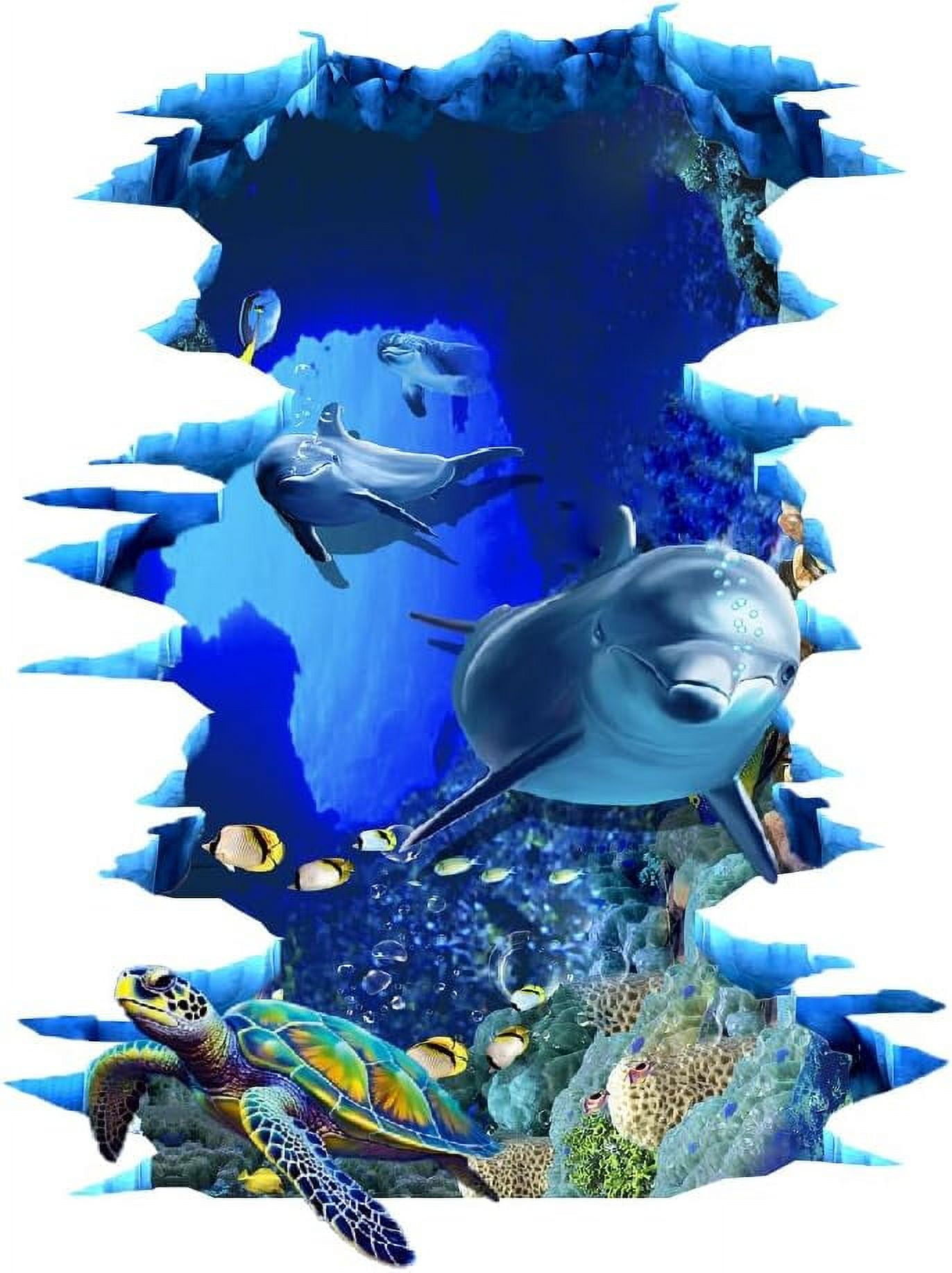 3D Broken Wall Stickers Blue Dolphin Turtle Ocean World Wall Decals ...