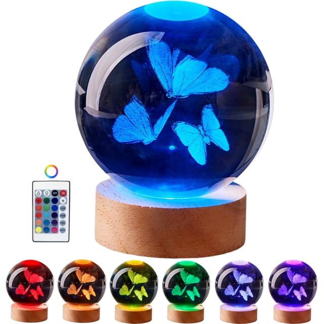 3D Butterfly Crystal Ball Lamp,Lifelike Three Butterflies Night Light ...