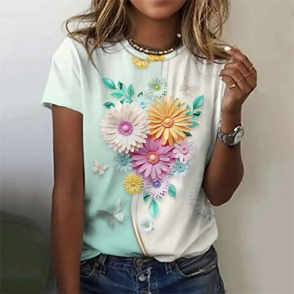 3D Butterfly Flower Printed Tshirts For Women Summer Round Neck Short ...