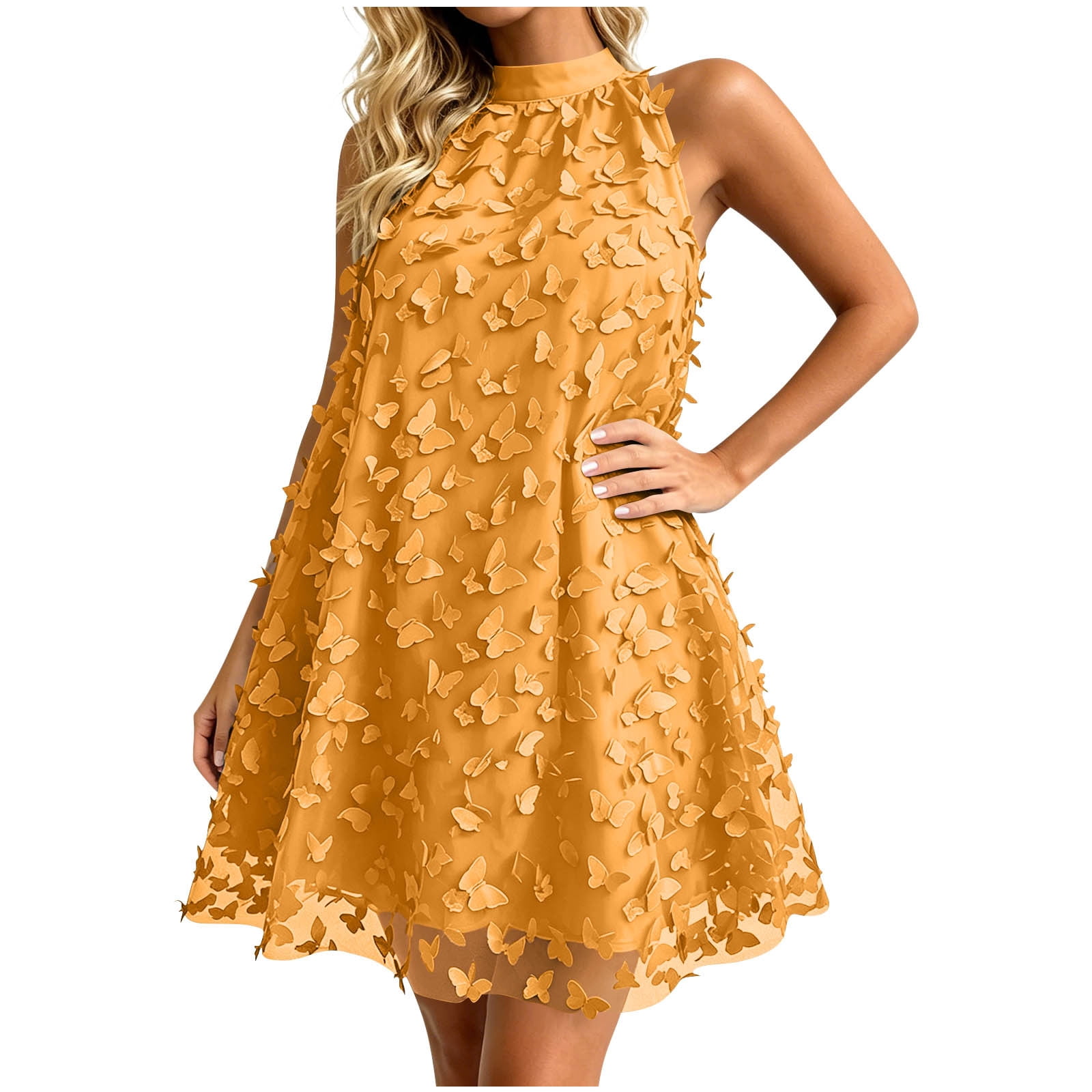 3D Butterfly Mesh Babydoll Dress for Women Summer Halter Neck ...