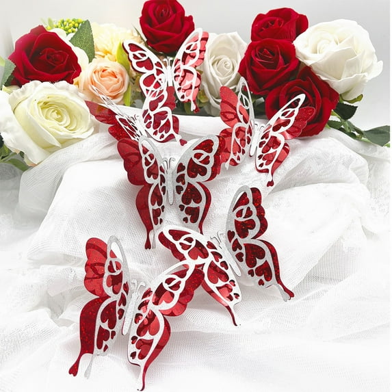 3D Butterfly Wall Stickers 6pcs Removable Valentine's Red Rose ...