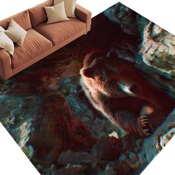 3D Cabin Bear Area Rug 5x7 Washable Rug Non Slip Misty Animals Black ...