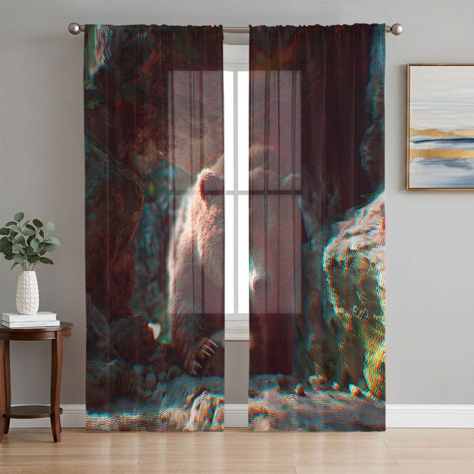 3D Cabin Bear Sheer Curtains for Living Room Bedroom Misty Animals ...