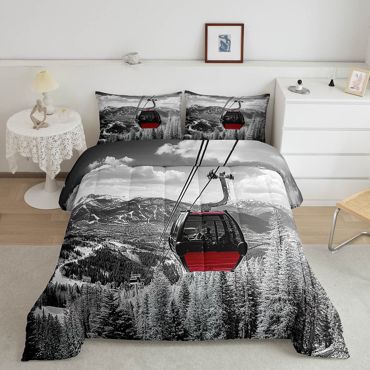 3D Cable Car Comforter Set Queen Size,Mountain Pine Tree Jungle Bedding ...