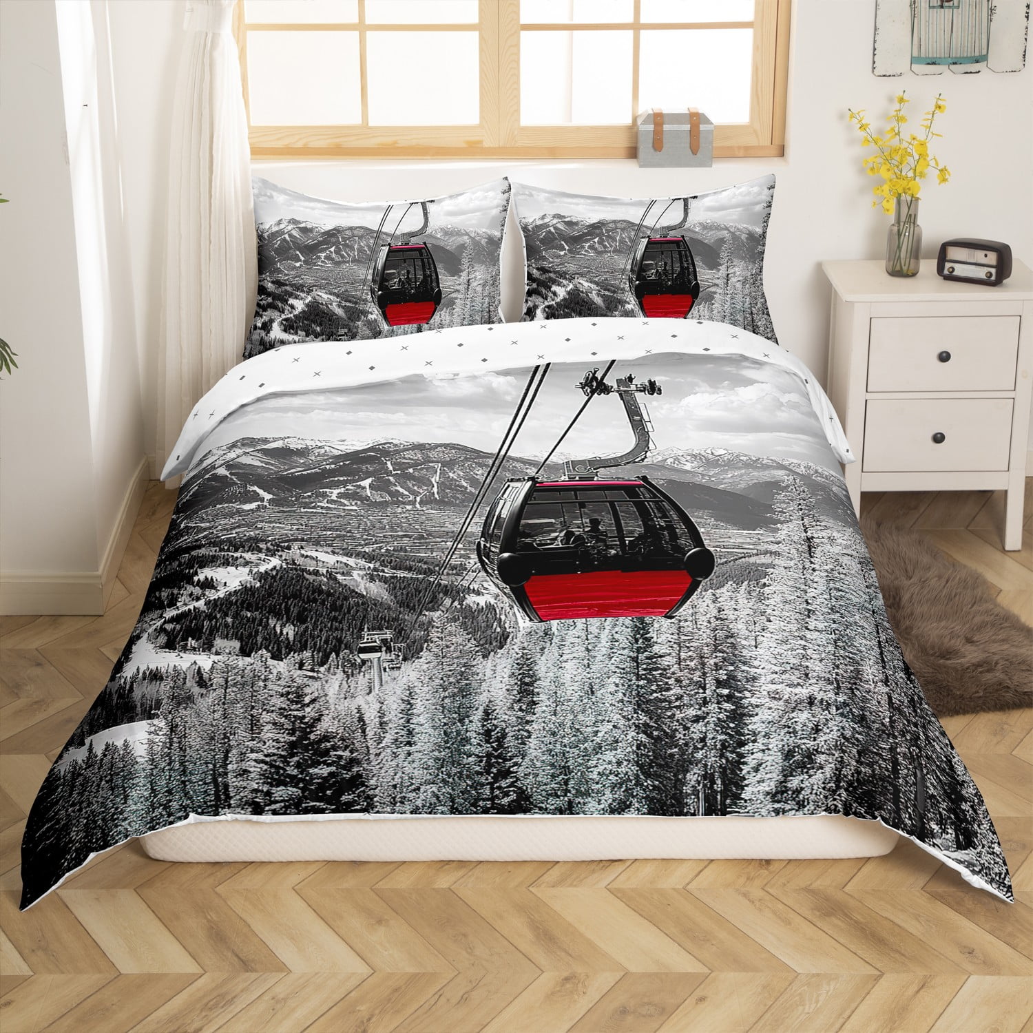 3D Cable Car Duvet Cover Set Queen Size,Mountain Pine Tree Jungle ...