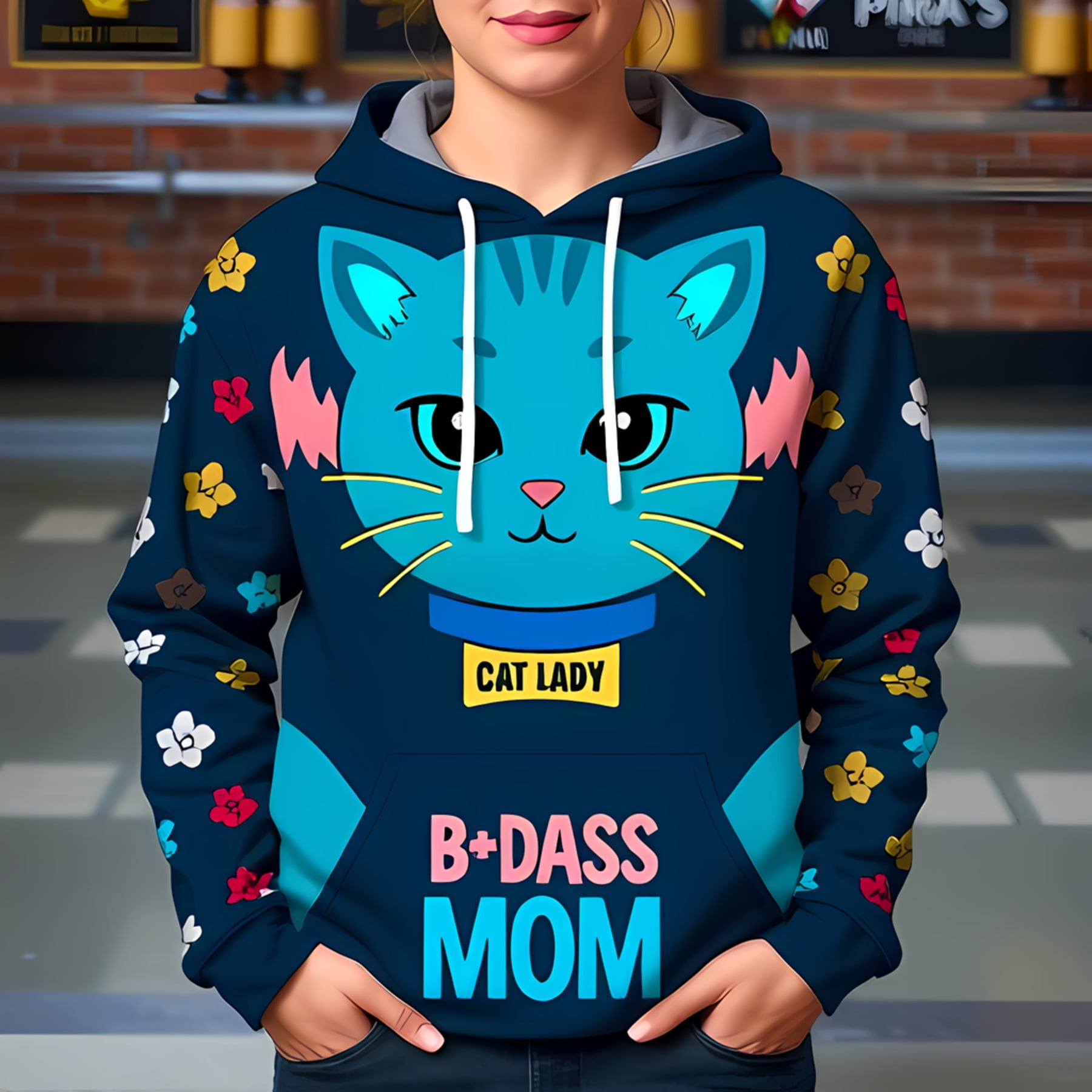 3D Cartoon Cat Hoodie for Cat Lovers - "B+DASS MOM" - Colorful Floral Design Cozy & Stylish ...