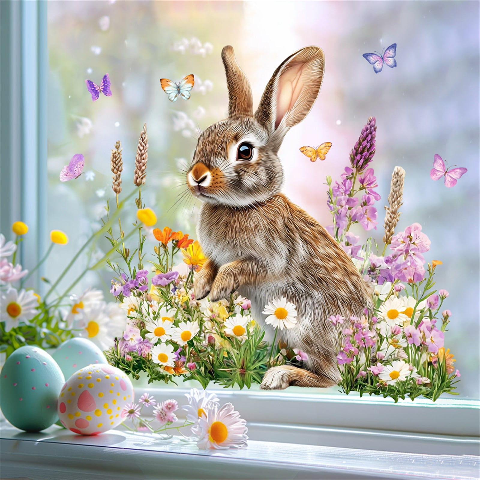 3D Cartoon Easter Bunny Floral Window Sticker, Static Decal For Room ...