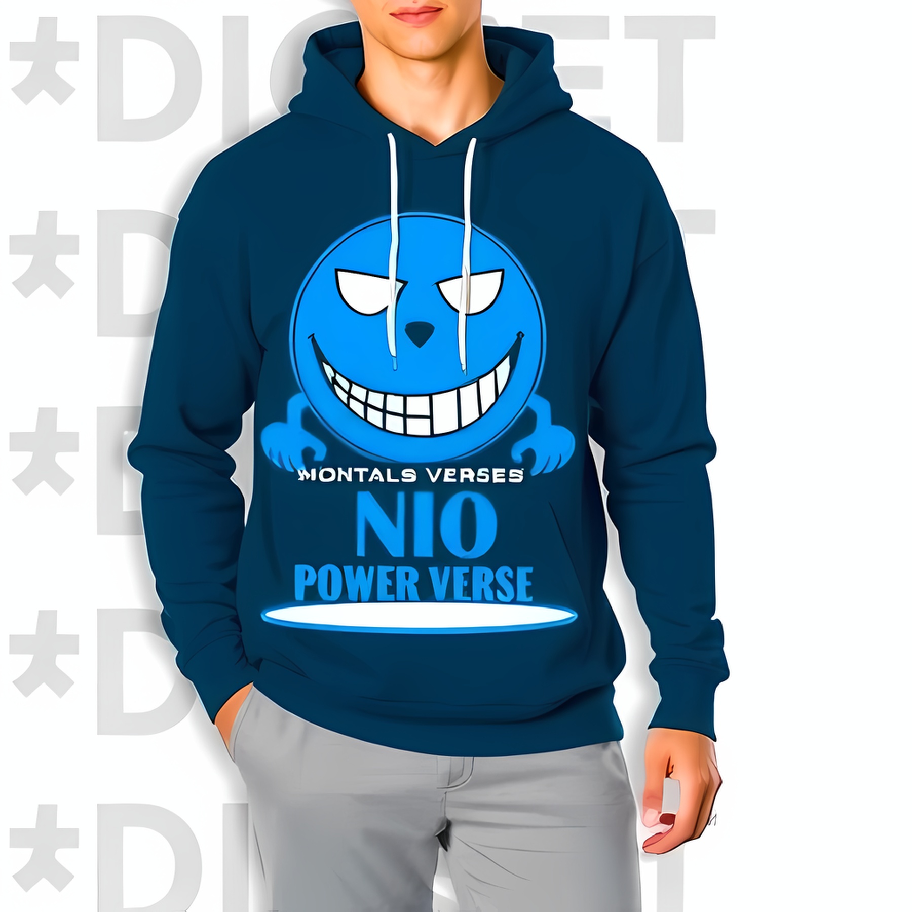 3D Cartoon Face Hoodie with Smile - NIÓ POWER VERSE Graphic Sweatshirt ...