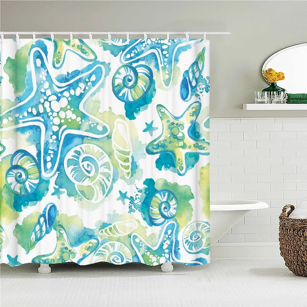 3d Cartoon Ocean Starshell Printing Shower Curtain Polyester Waterproof