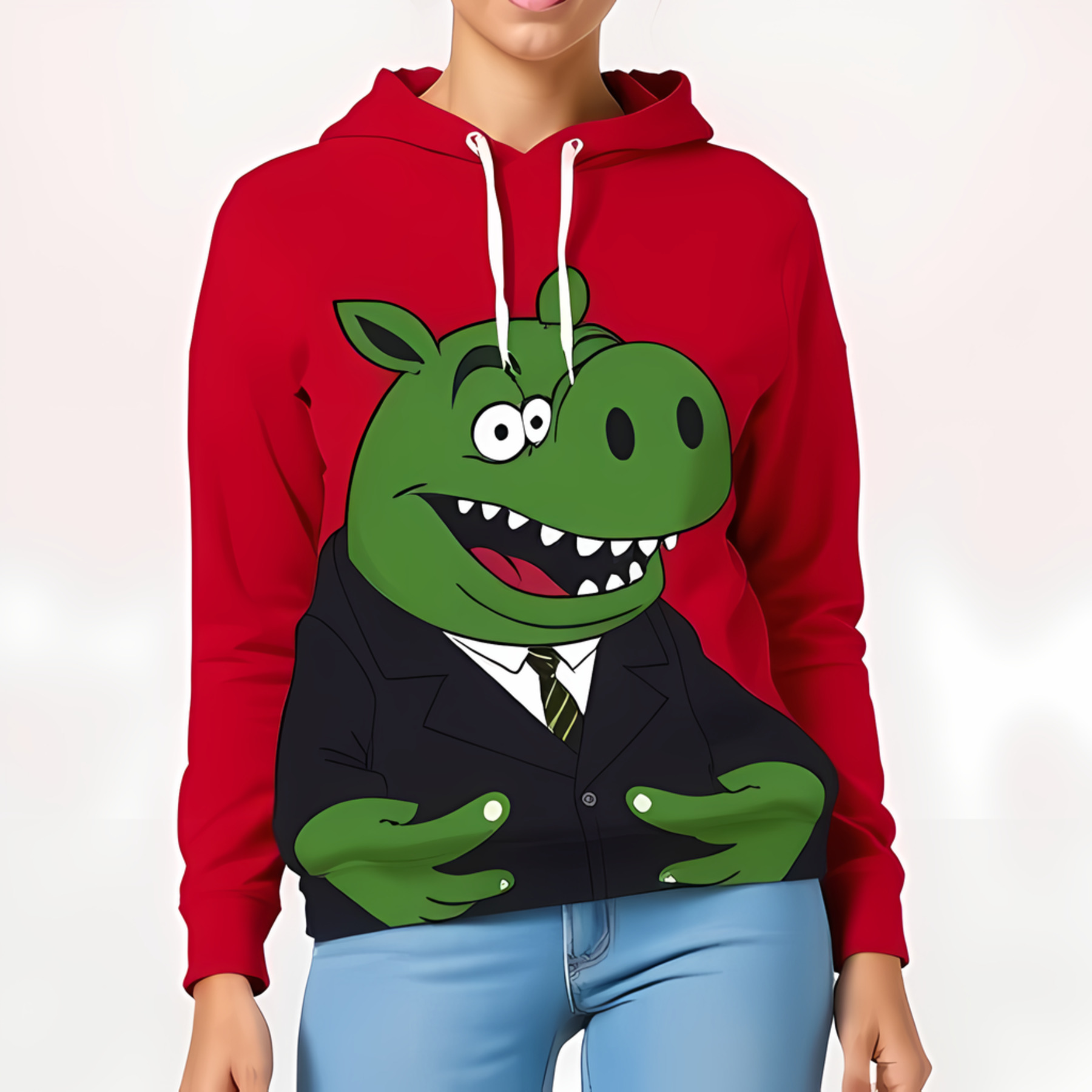 3D Cartoon Pig Creature Hoodie Red Casual Sweatshirt with Playful Green ...