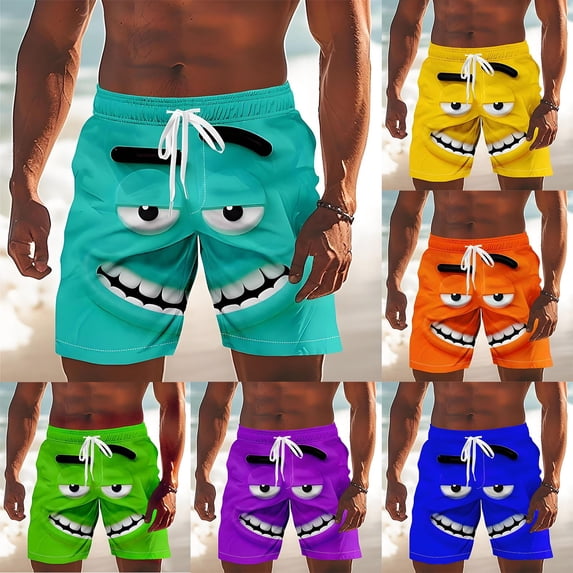 3D Cartoon Smile Face Swim Shorts Men Elastic Waist Drawstring Summer ...