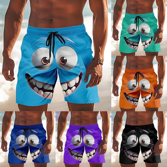 3D Cartoon Smile Face Swim Shorts Men Elastic Waist Drawstring Summer ...