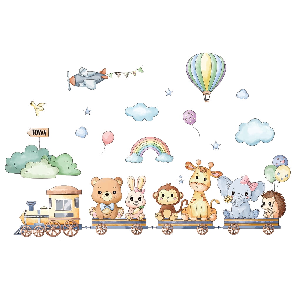 3D Cartoon Train Animals Wall Decal Hot Air Balloon Vinyl Wall Stickers ...