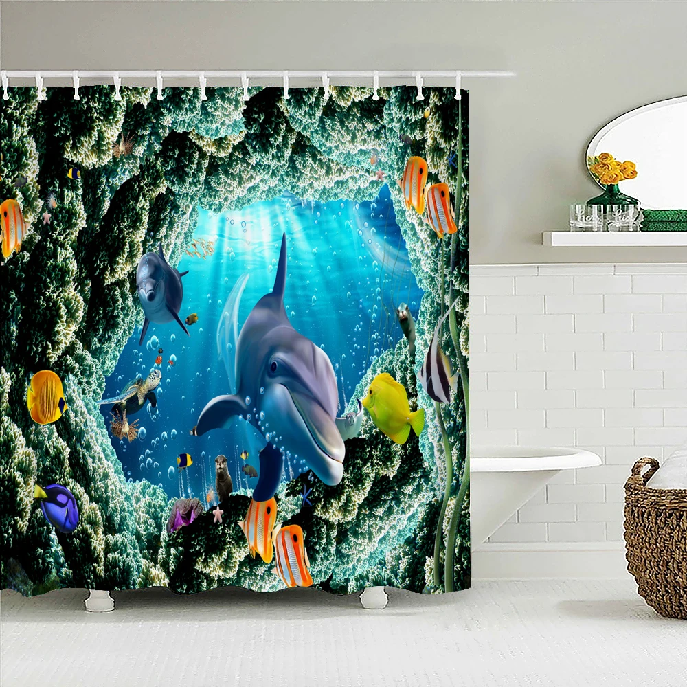 3D Cartoon ocean dolphin printing bathroom shower curtain marine life ...