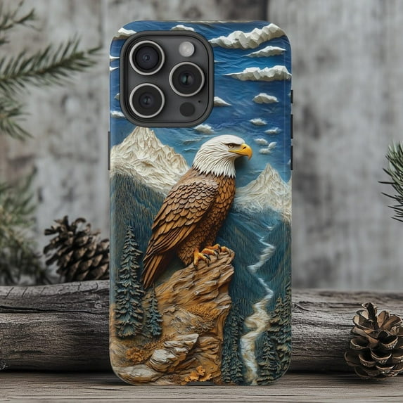 3D Carved Wood Bald Eagle Illusion Phone Case with iPhone 17 to 11 Pro ...