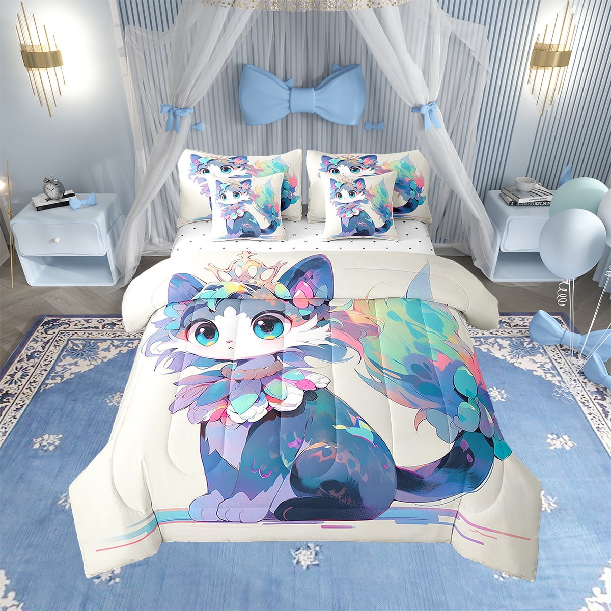 3D Cat Comforter Set Full Size Bedding Bed In A Bag, 7 Pieces Anime Cat ...