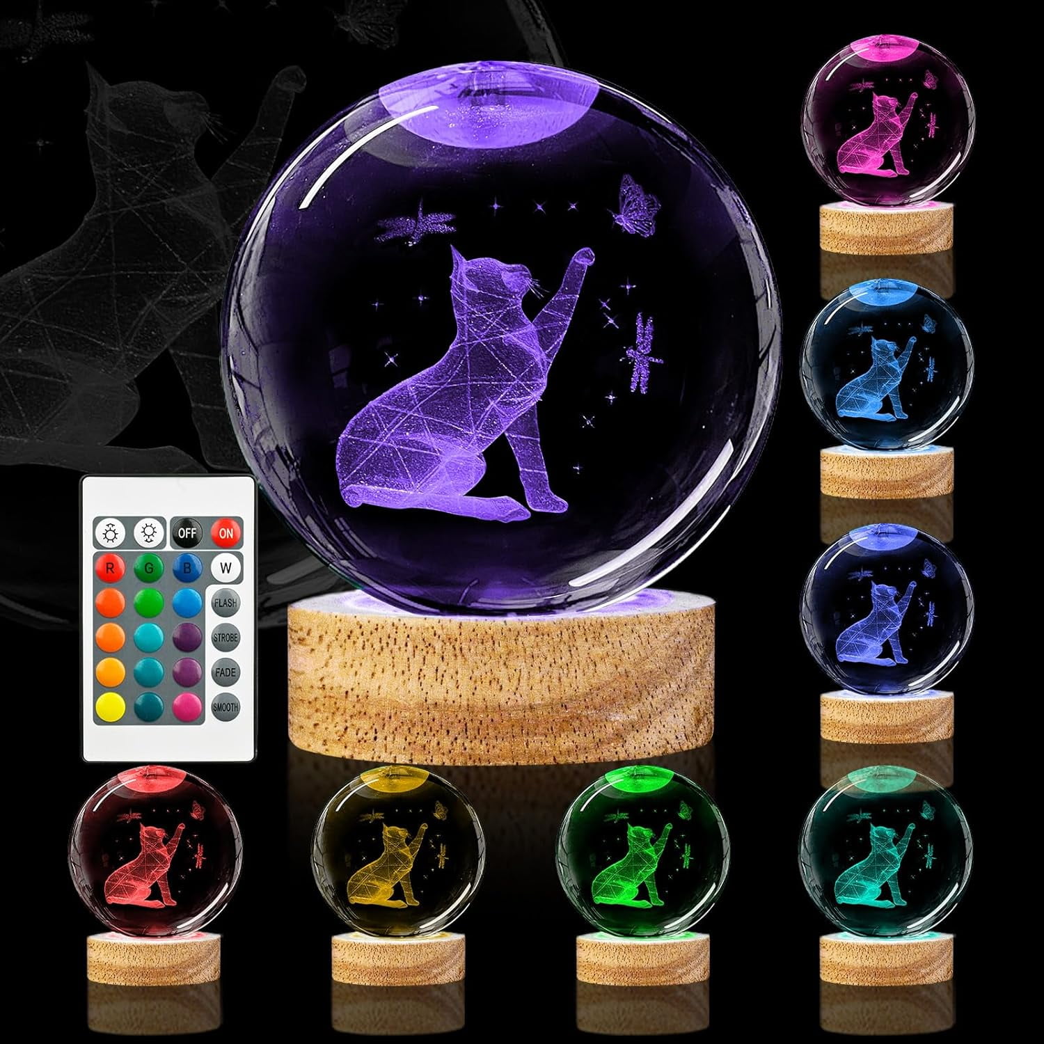 3D Cat Crystal Ball Night Light 3.15In Cat Figurines Glass Ball Lamp ...
