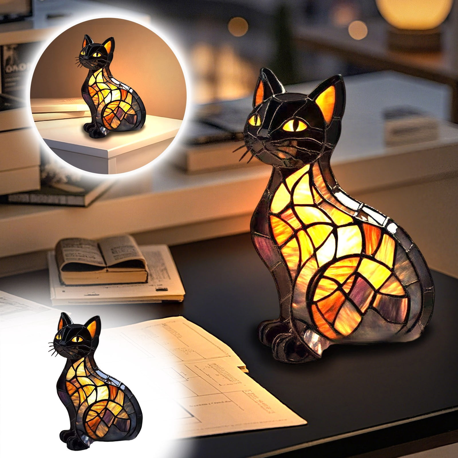 3D Cat Lamp, Retro Stained Pet Themed LED Table Lamps with Warm Ambient ...