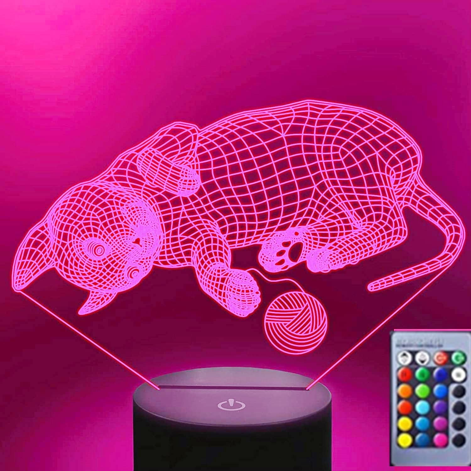 3D Cat Night Light Table Desk Optical Illusion Lamps 16 Color Changing ...