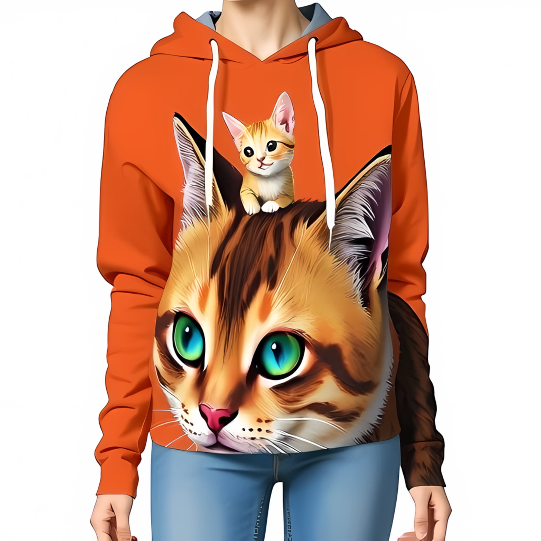 3D Cat Print Hoodie for Women - Bright Orange with Large Cat Design ...