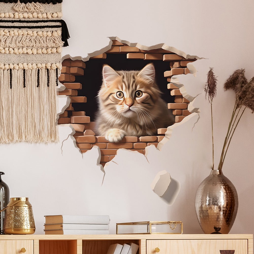 3D Cats Wall Sticker Hole View Bathroom Living Room Decoration Home ...