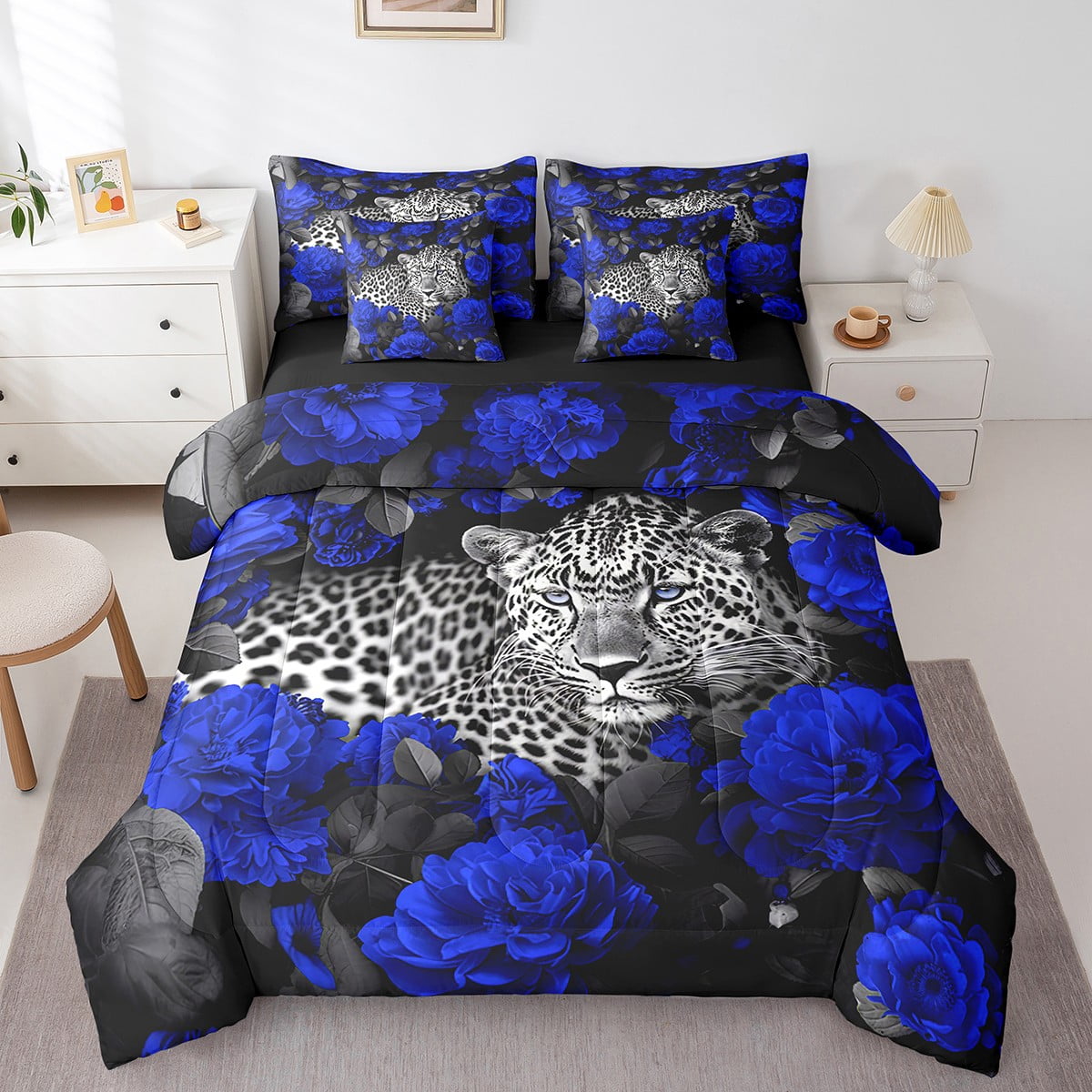 3D Cheetah Bed in a Bag Queen Comforter Set 7 Piece,Blue Rose Leopard ...