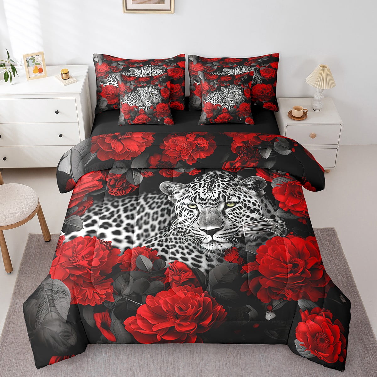 3D Cheetah Bed in a Bag Queen Comforter Set 7 Piece,Red Rose Leopard ...