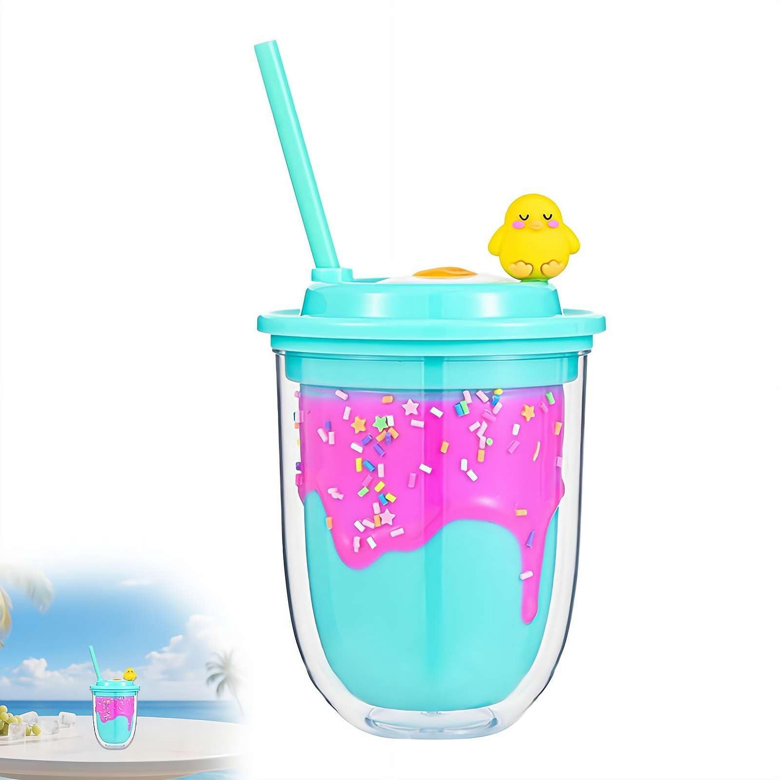 3D Chick and Fried Egg Tumbler with Straw, Double-Wall Cold Cup with ...