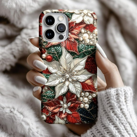 3D Christmas Poinsettia Beaded Floral Phone Case with iPhone 17 to 11 ...