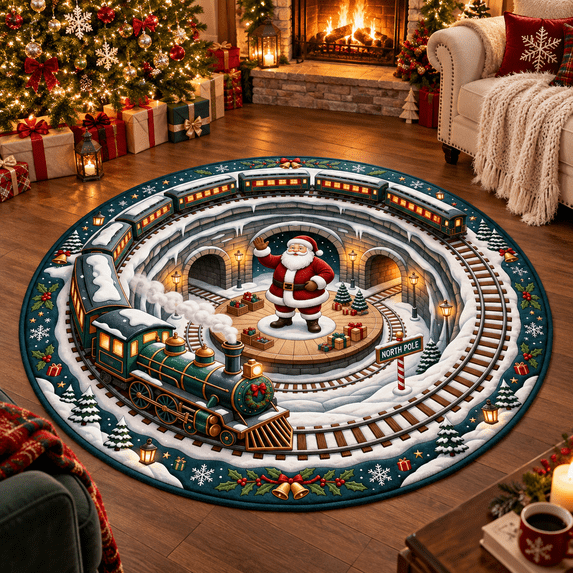 3D Christmas Rug, Optical Illusion Round Rug with Santa Candyland Train ...