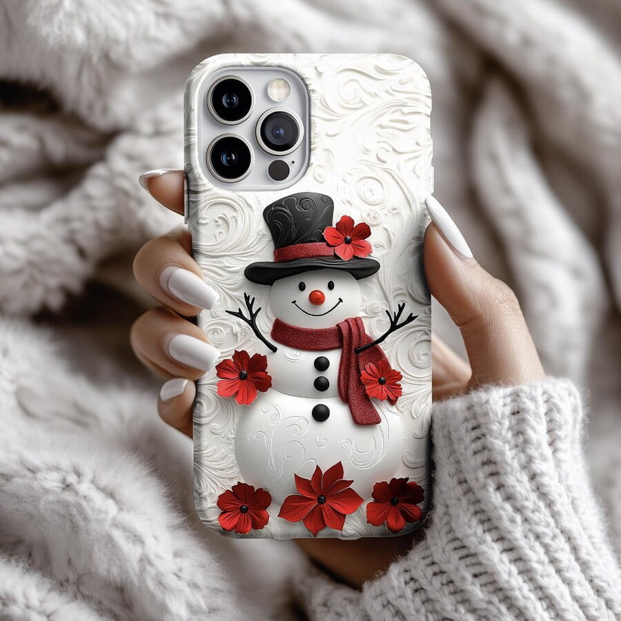 3D Christmas Snowman with Red Poinsettias Holiday Phone Case 11 12 13 ...