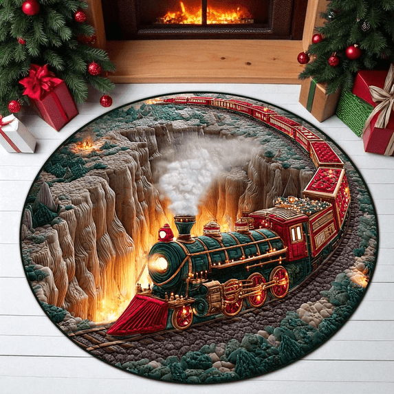 3D Christmas Train Round Rug, Optical Illusion Holiday Floor Mat, Cozy ...