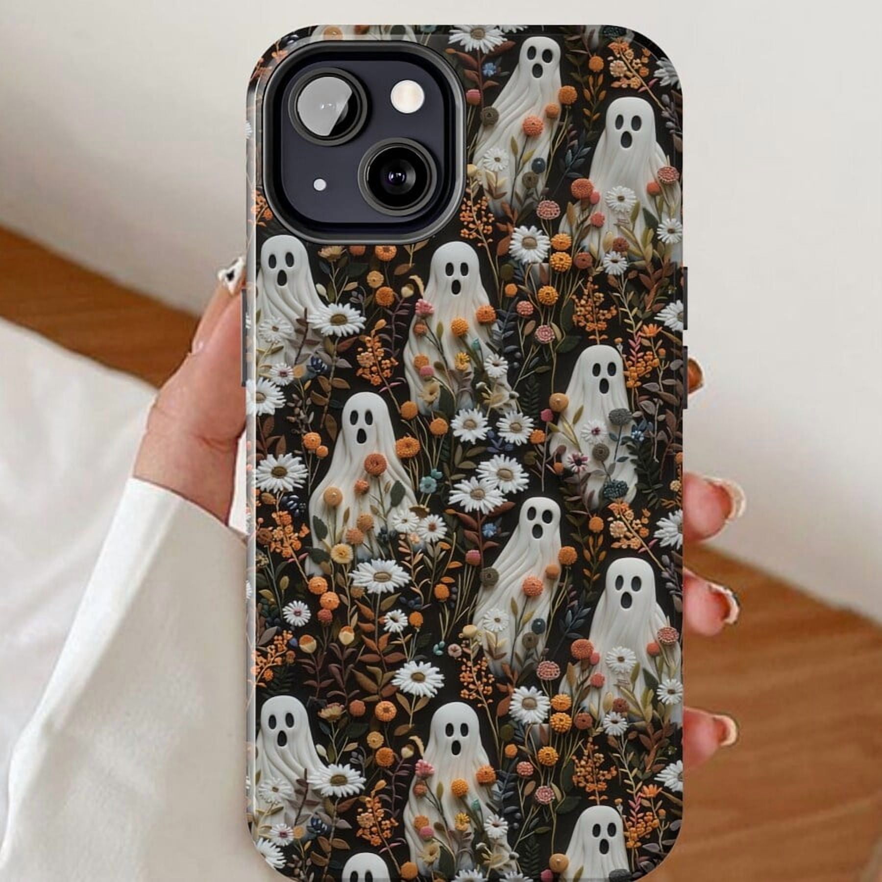 3D Clay Faux Embroidered Ghost and Floral Garden Phone Case 11 12 13 14 ...