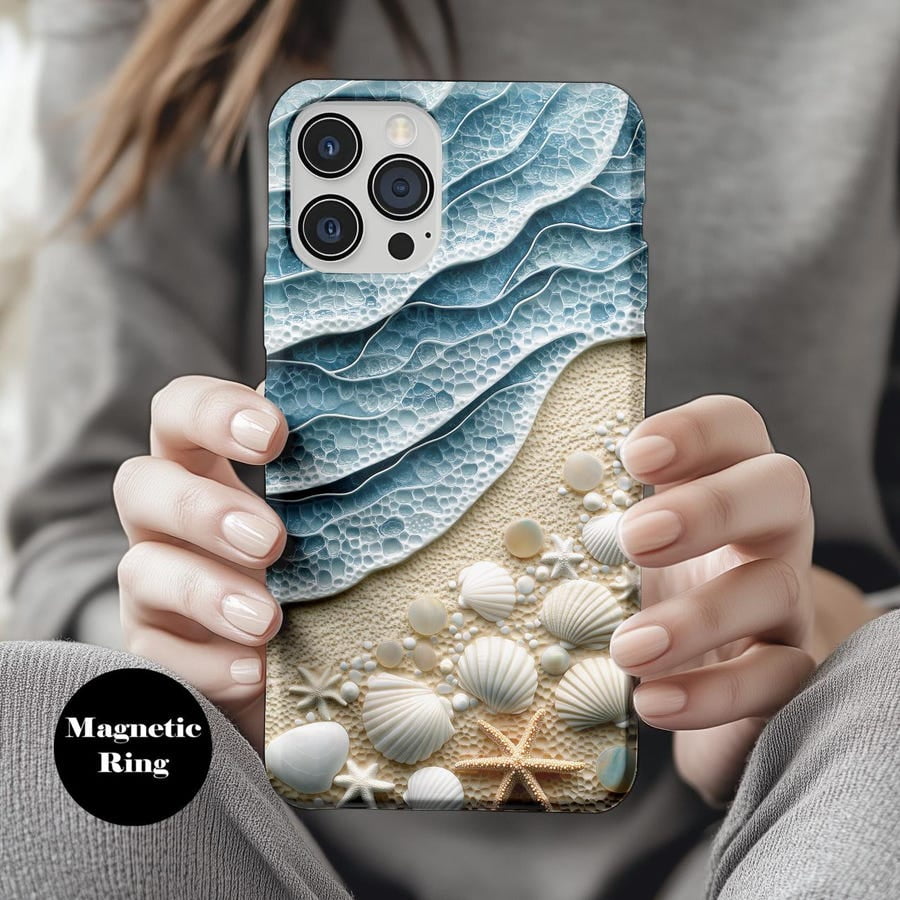 3D Coastal Aesthetic Seashell and Ocean Wave Beach Phone Case 11 12 13 ...