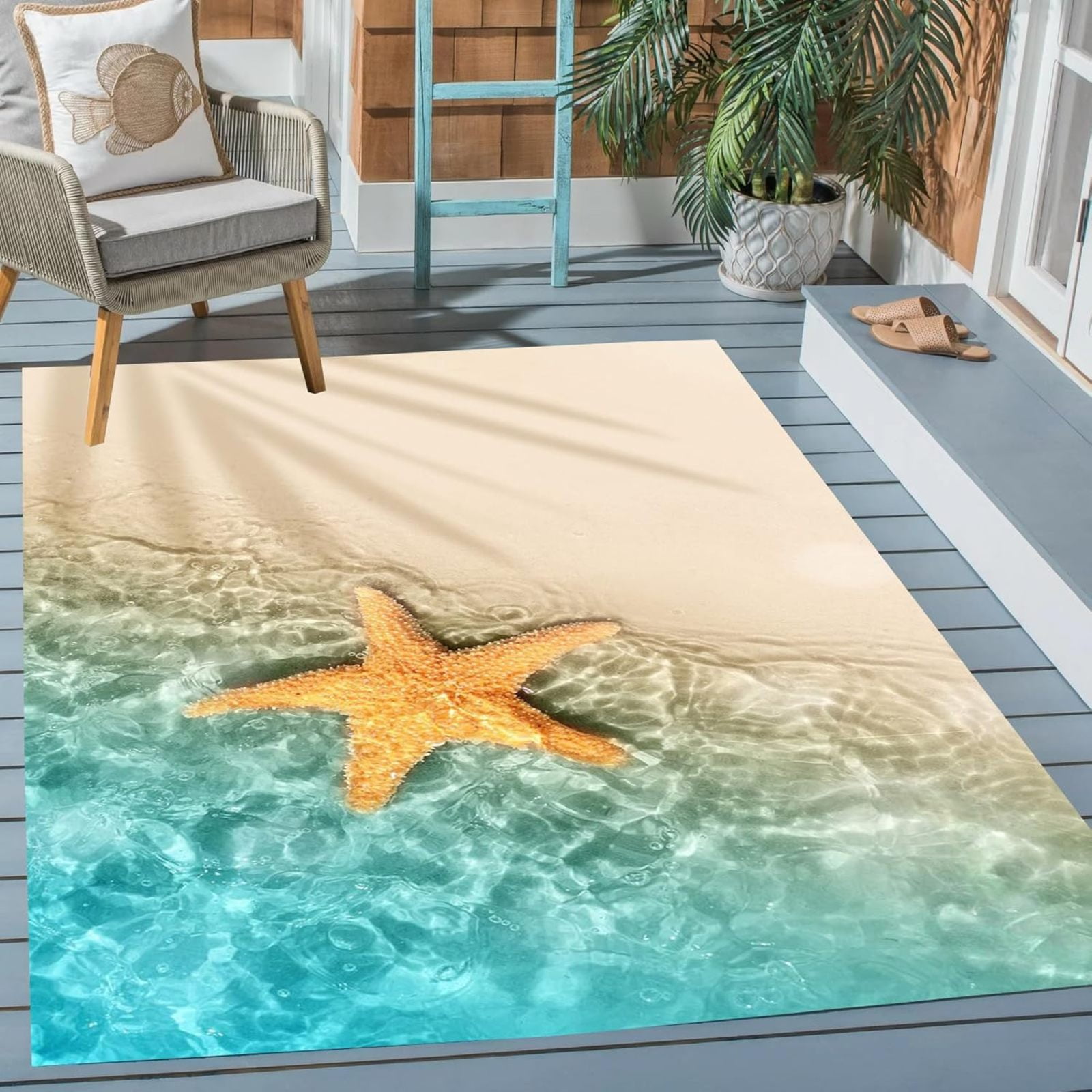 3D Coastal Ocean Beach Theme Indoor Outdooor Area Rug Teal Beige Star ...