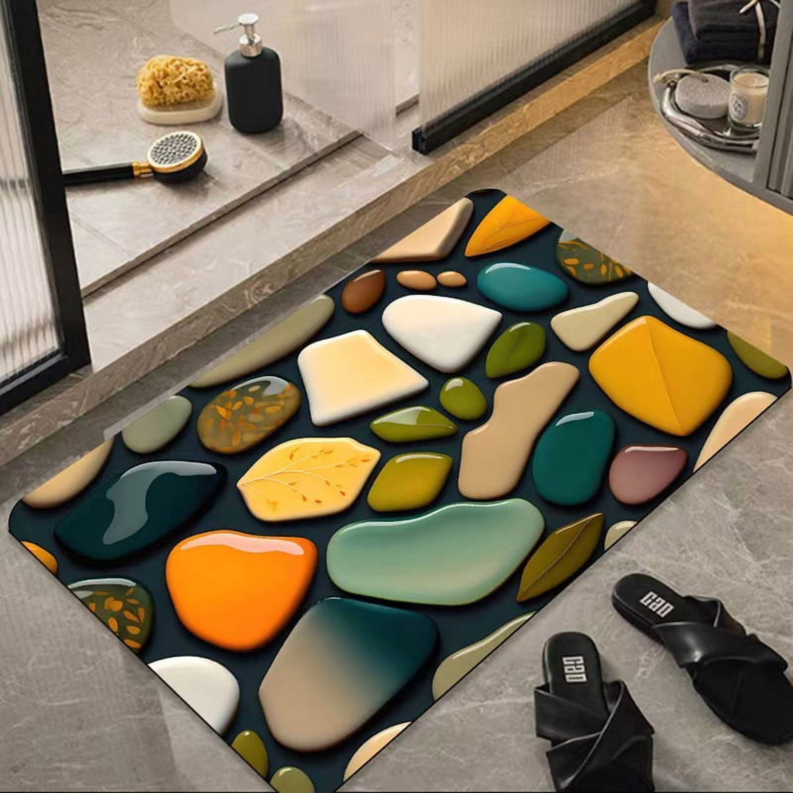 3D Cobblestone Print Diatomaceous Earth Bath Mat, Colorful Stone & Leaf ...