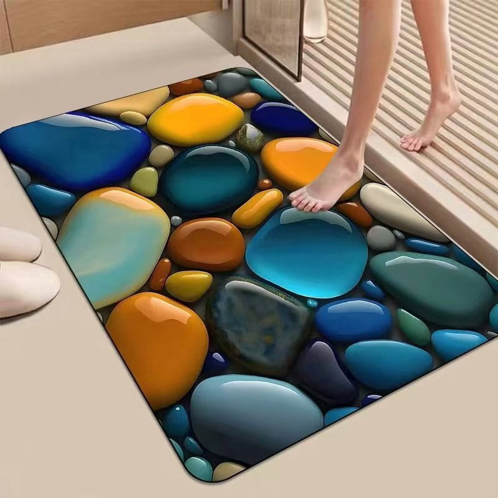 3D Cobblestone Print Diatomaceous Earth Bath Mat, Colorful Stone & Leaf ...