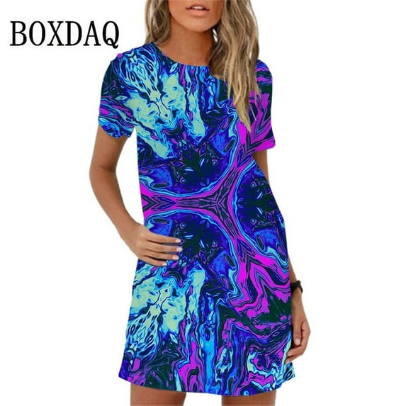 3D Color Blocking Printing Dress For Women Sweet Cute Summer Beach ...