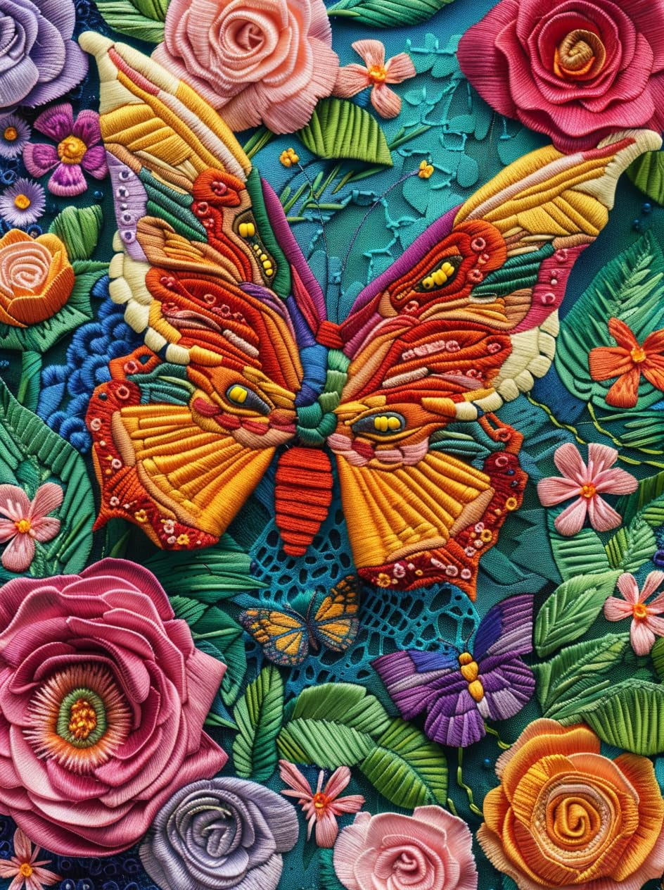 3D Colorful Butterfly Surrounded by Roses and Flowers DIY 11CT Stamped ...