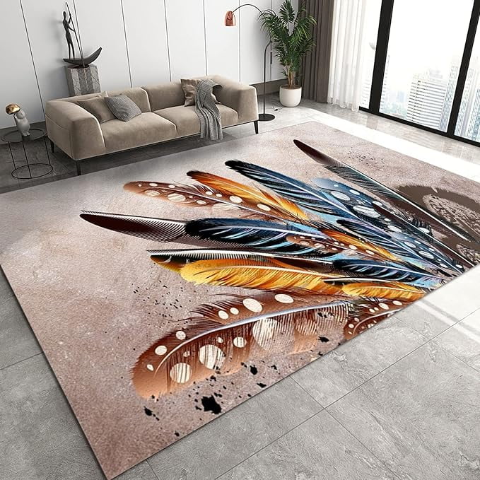 3D Colorful Feathers Area Rugs, Gray Retro Modern Watercolor Hand ...