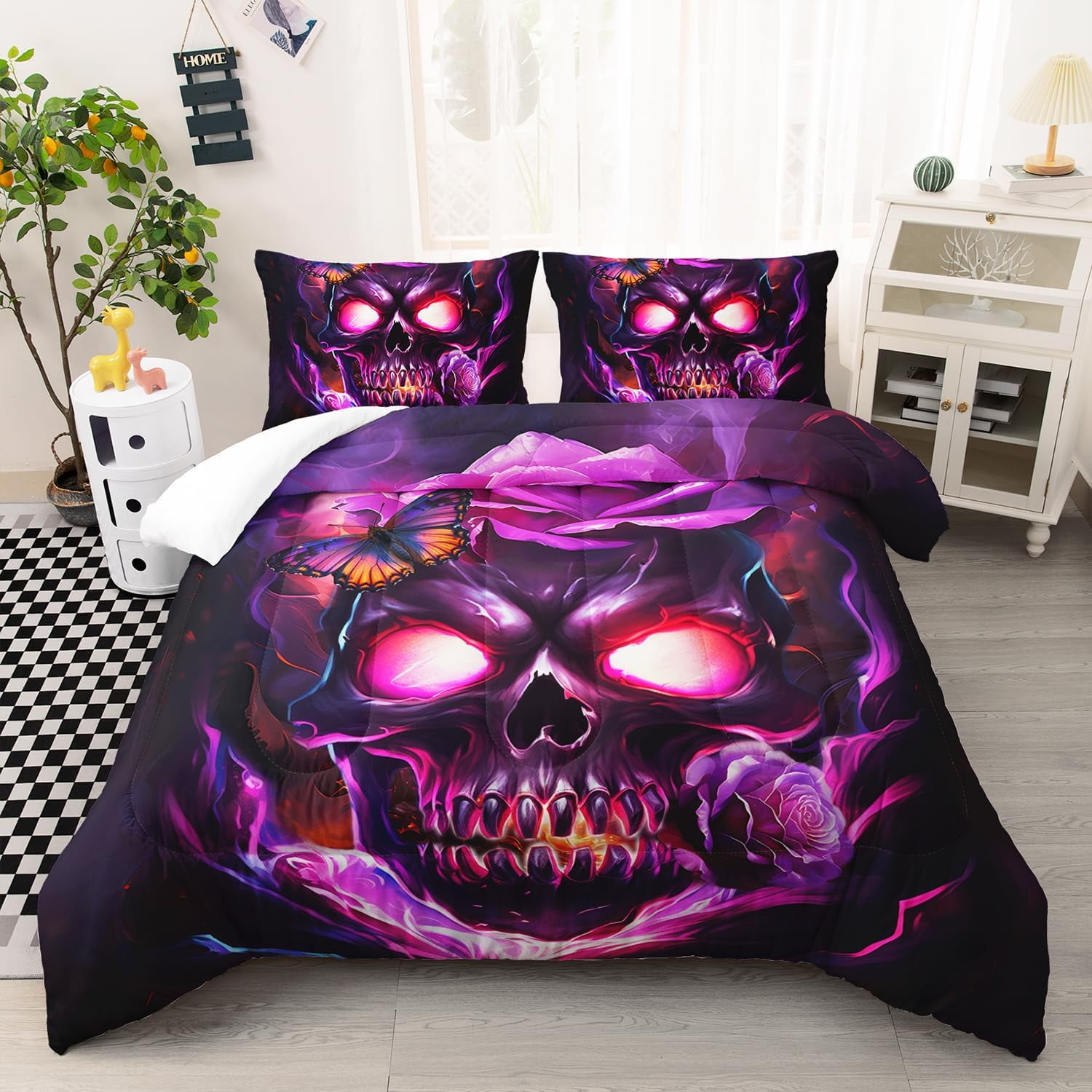 3D Colorful Skull Comforter Set Size Gothic Skeleton Bs with Rose ...