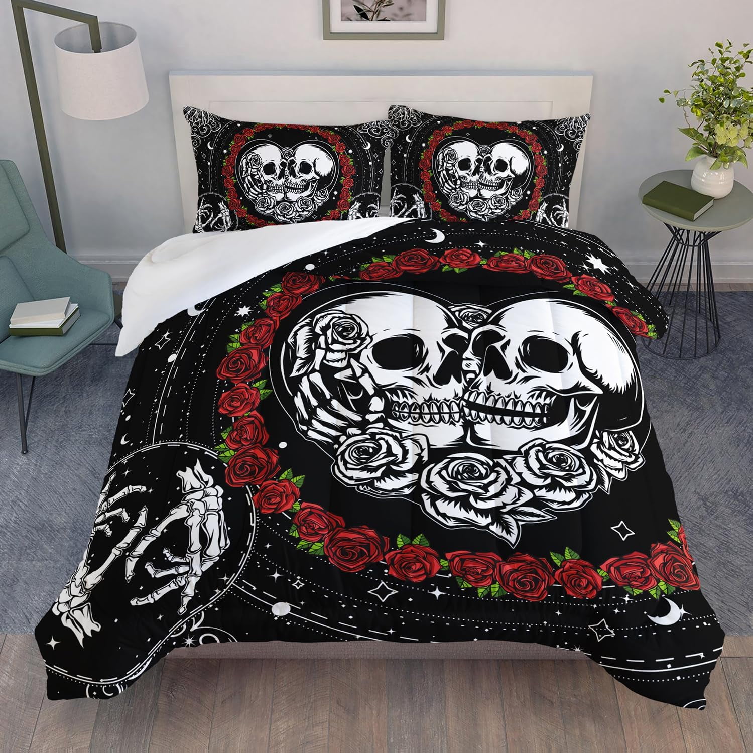 3D Colorful Skull Comforter Set Size Gothic Skeleton Bs with Rose ...