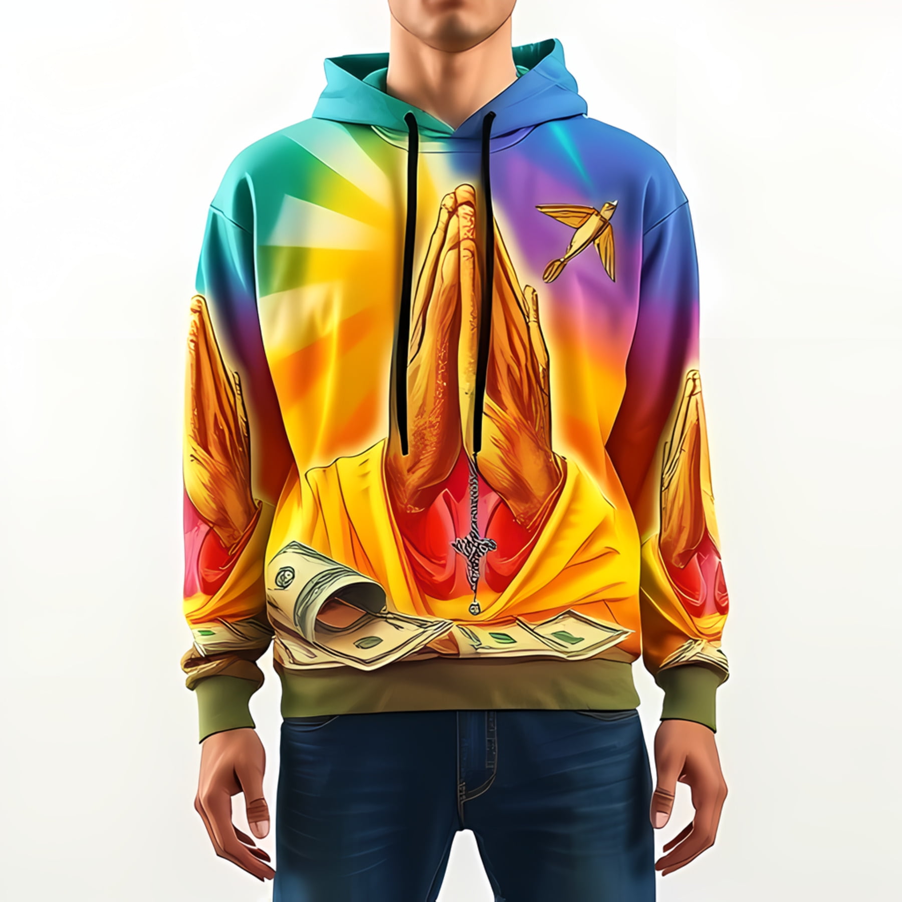 3D Colorful Spiritual Hoodie with Clasped Hands & Silver Cross Vibrant ...