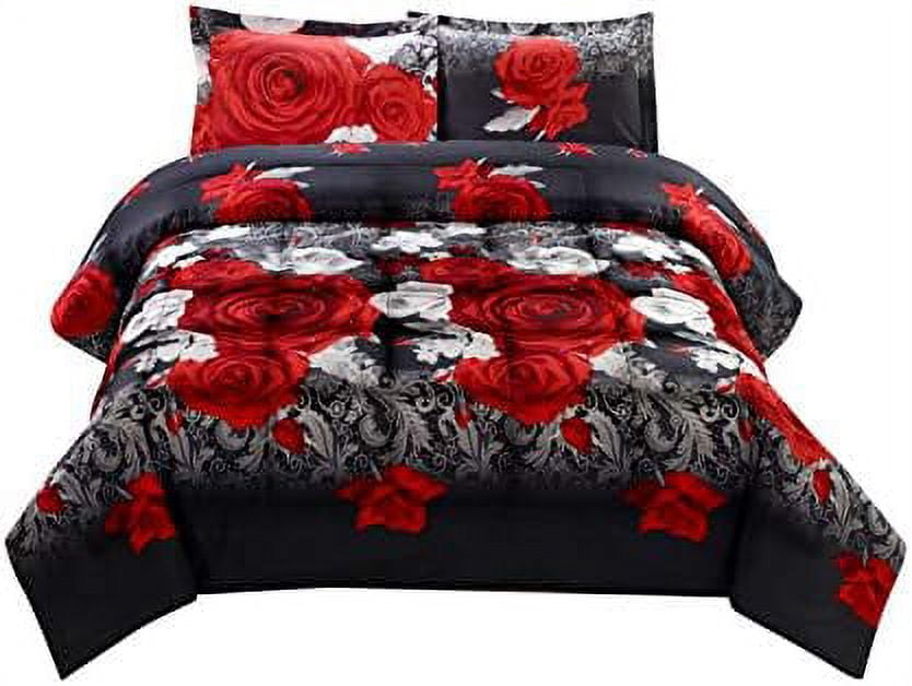 3D Comforter Set Queen - 3 Piece Red And White Rose Reactive Print ...
