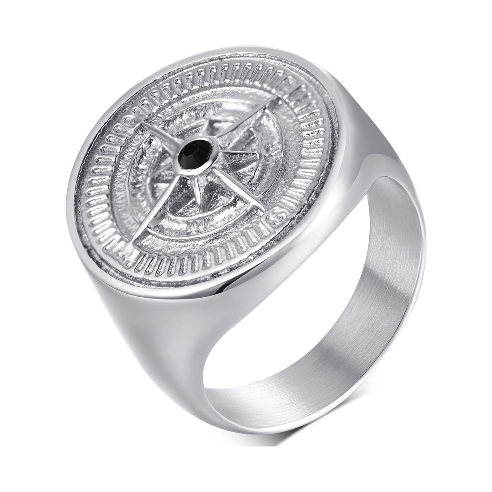 3D Compass Ring for Men, Chunky Heavy Round Top Signet Finger Band ...
