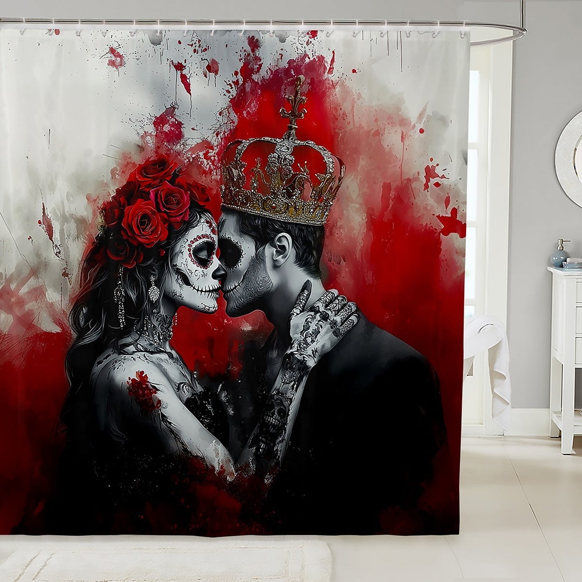3D Couple Skull Bathroom Shower Curtain Sets 72"Wx72"L,Romantic Gothic ...