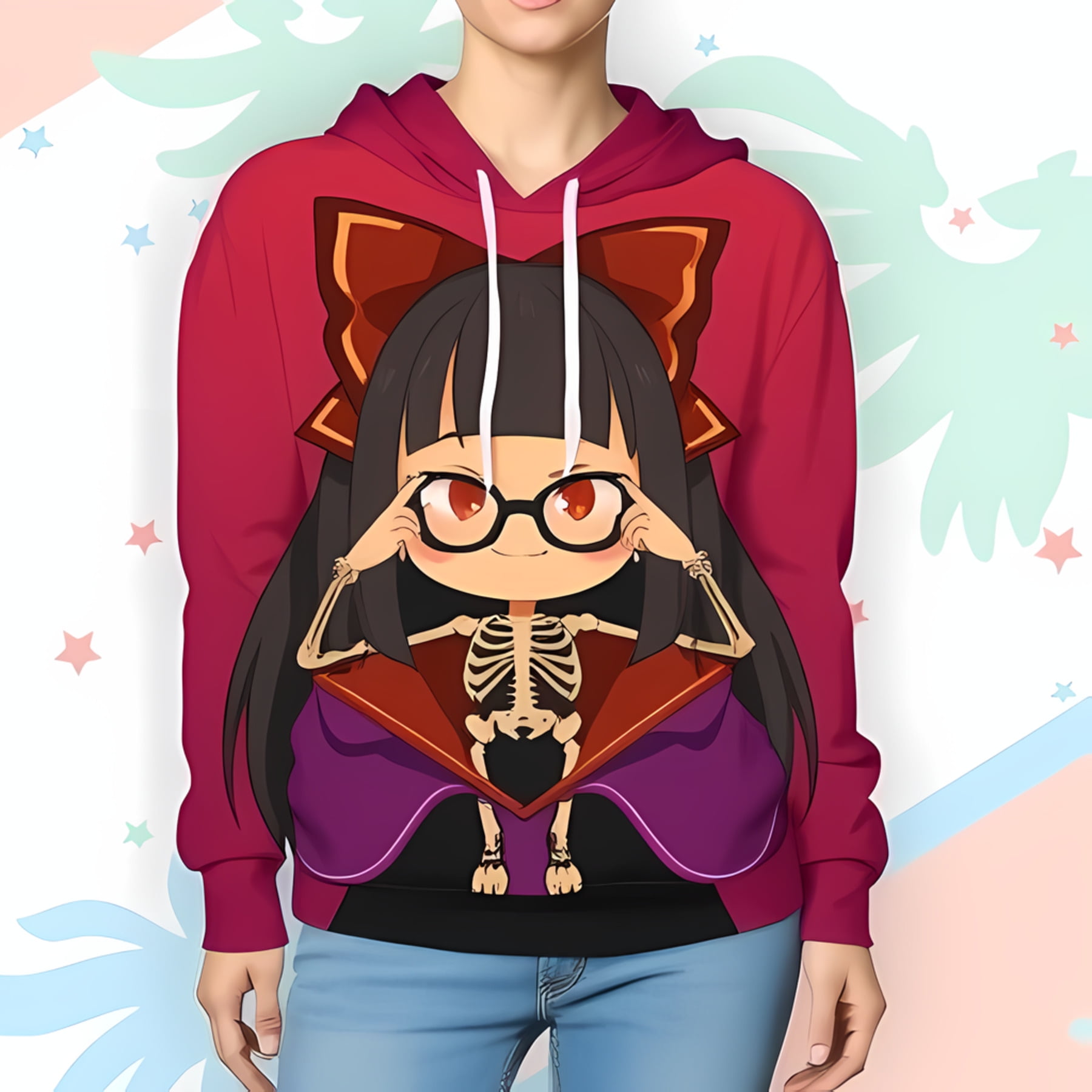 3D Crimson Anime Hoodie with Dark-Haired Girl Red Bow & Whimsical ...