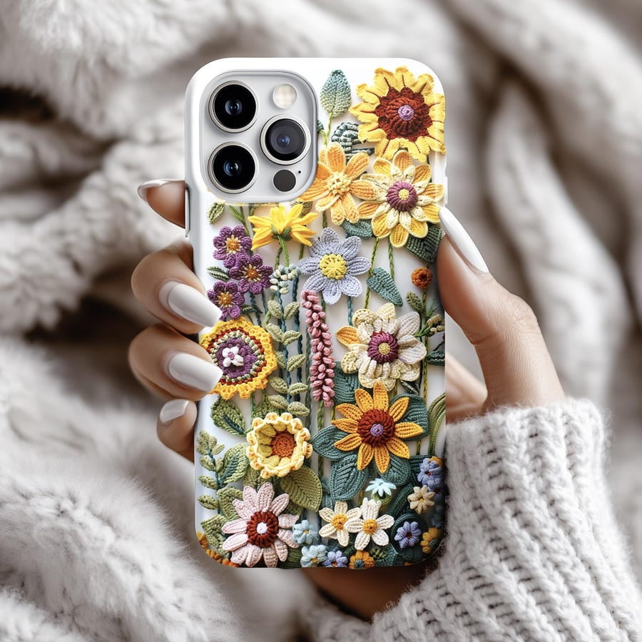 3D Crochet-Inspired Yarn Flower Floral Design Phone Case 11 12 13 14 15 ...