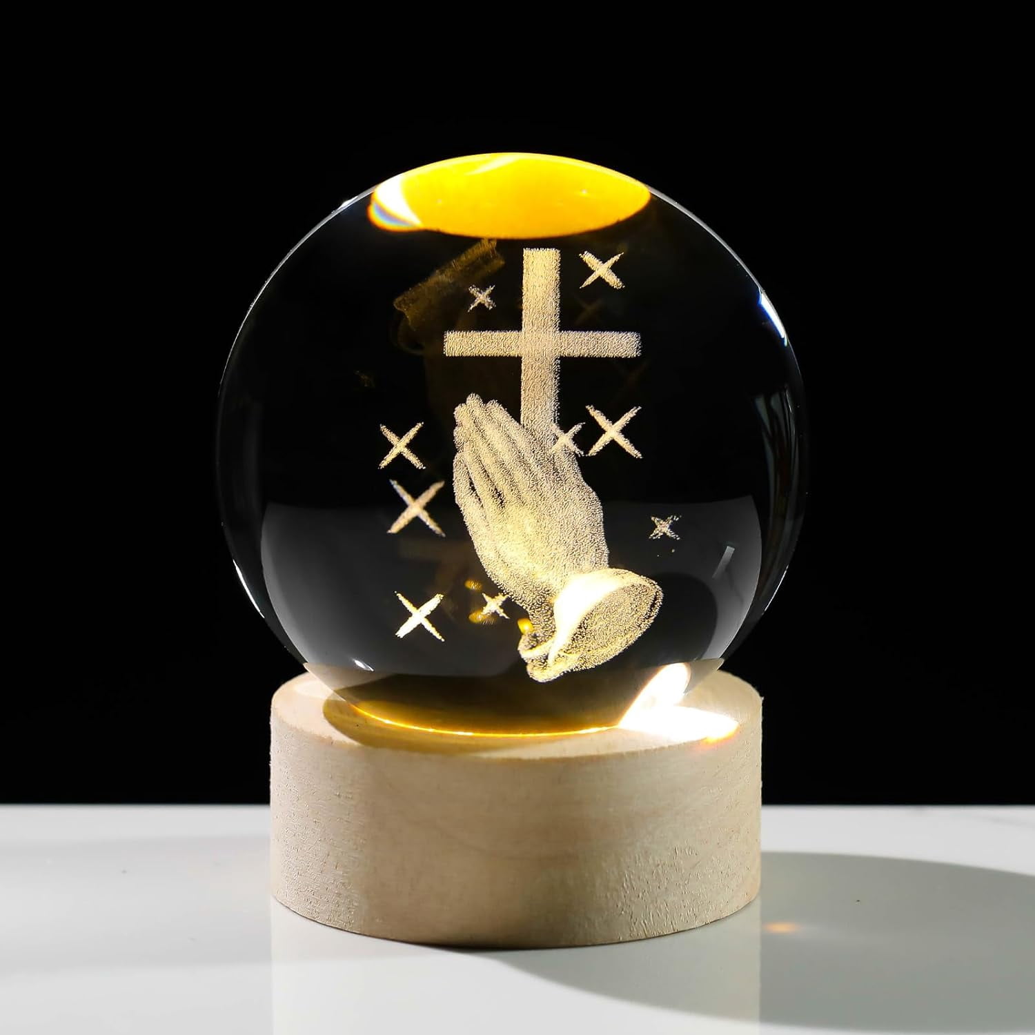 3D Cross Crystal Ball Figurine with Wooden Light Base, Laser Engraved ...