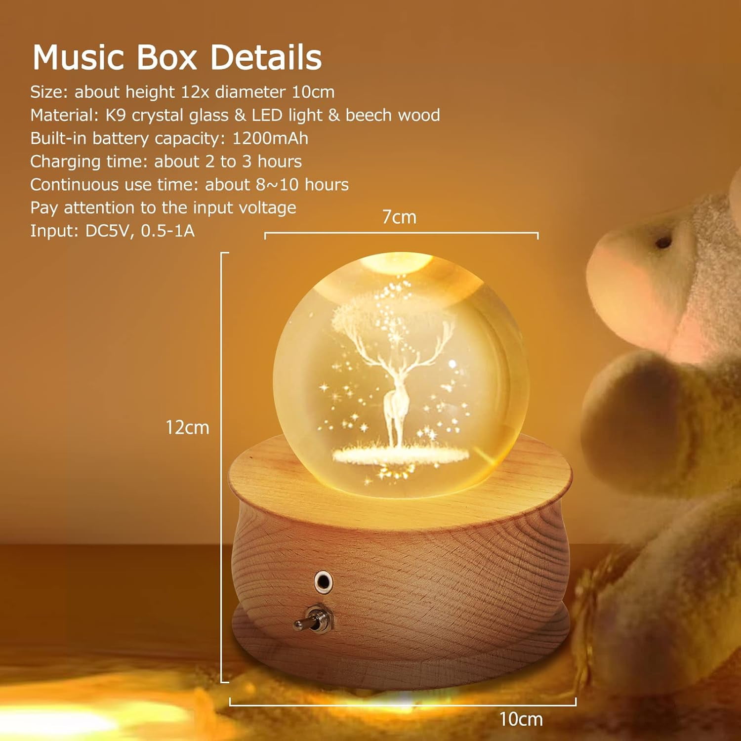 3D Crystal Ball Music Box, Led Floodlight Luxury Wooden Bedside Lamp ...